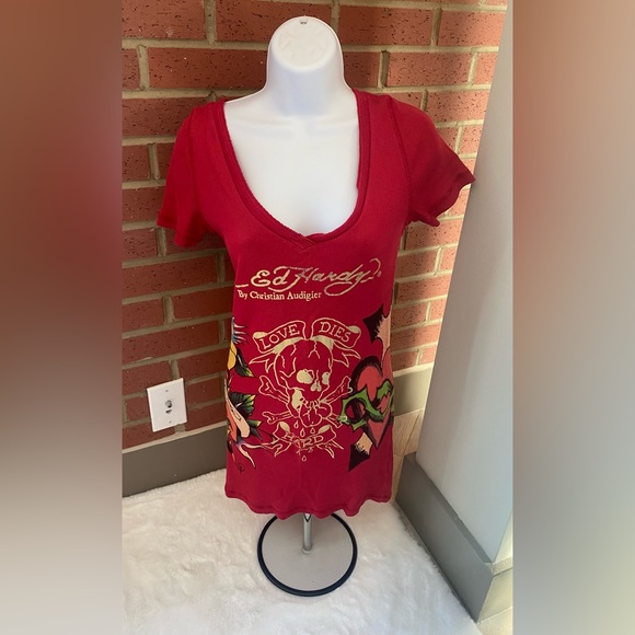 Ed Hardy | Tops | Ed Hardy Red Tattoo Design Vneck Top | Poshmark